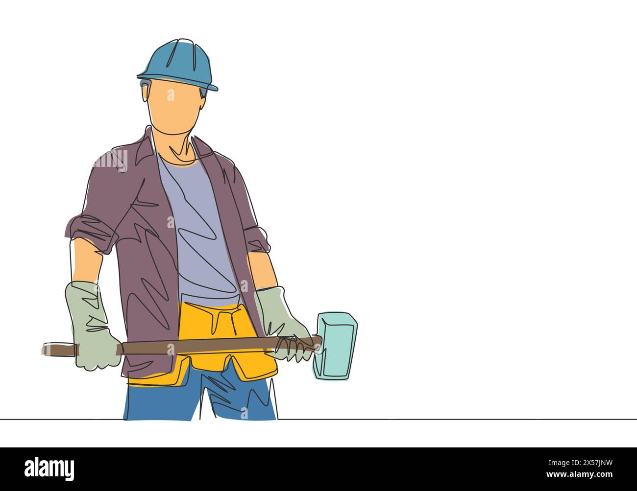 One single line drawing of young construction builder wearing uniform ...