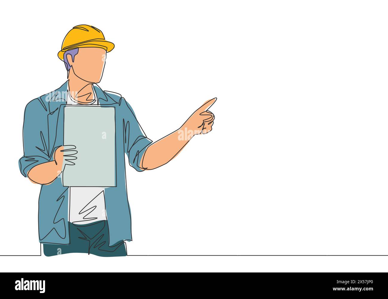 One single line drawing of young construction foreman giving ...