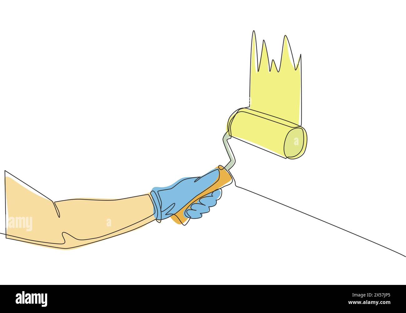 Single continuous line drawing of hand of handyman painting house wall ...