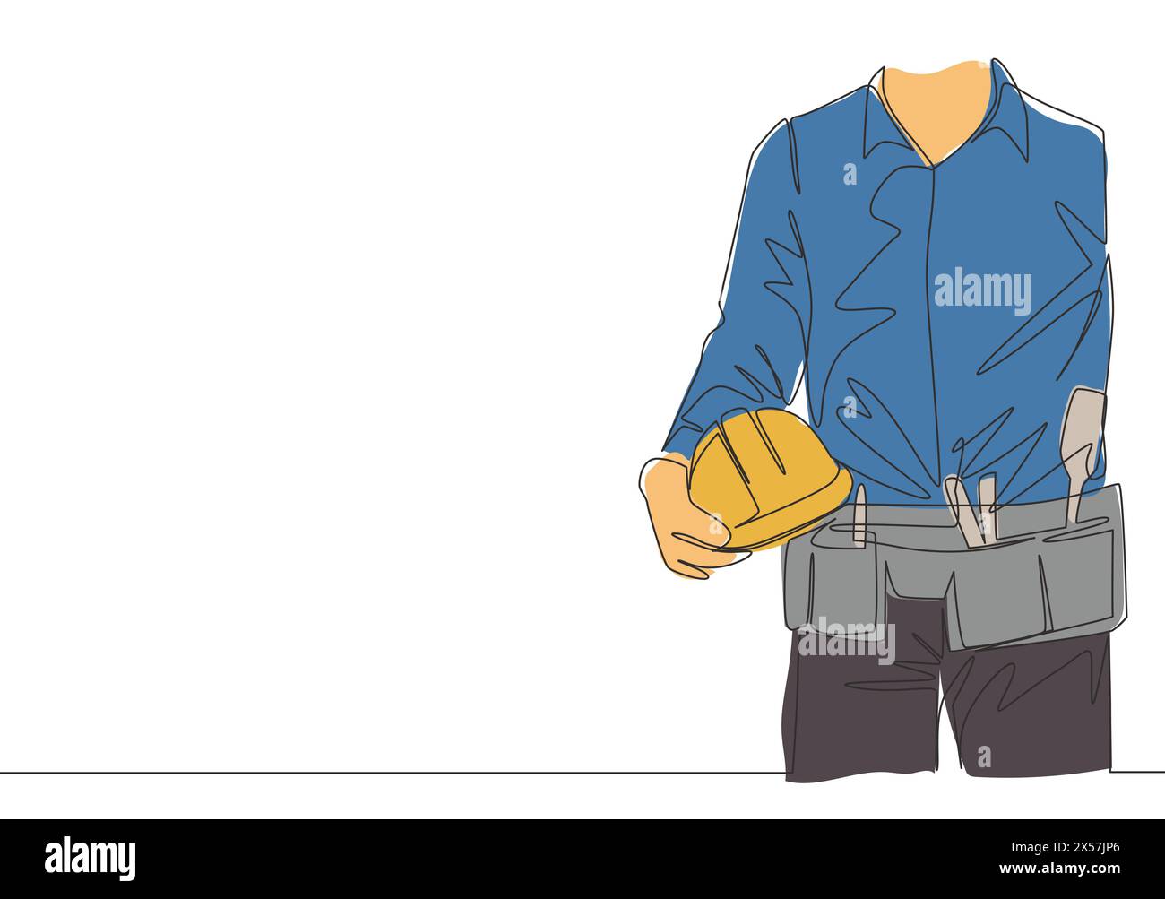One single line drawing of young construction foreman wearing tools ...