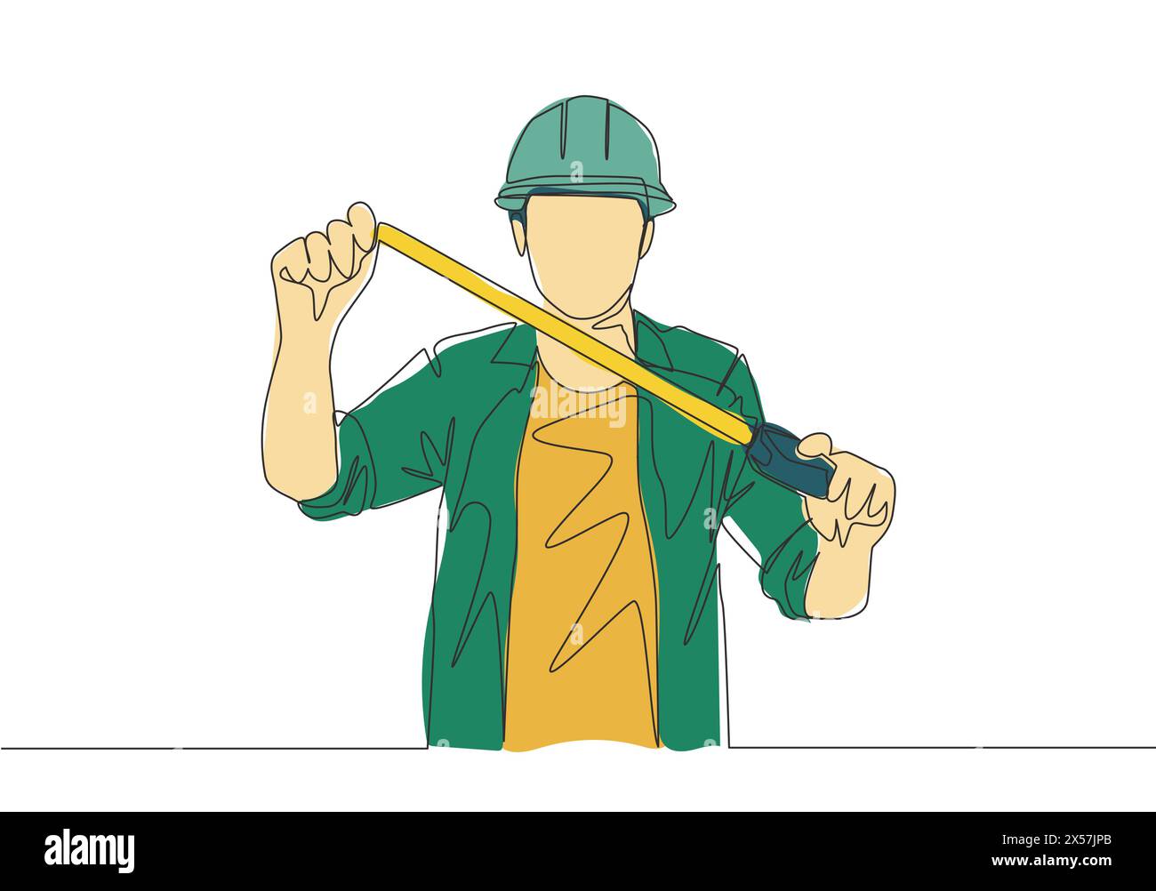 One single line drawing of young attractive handyman holding ...