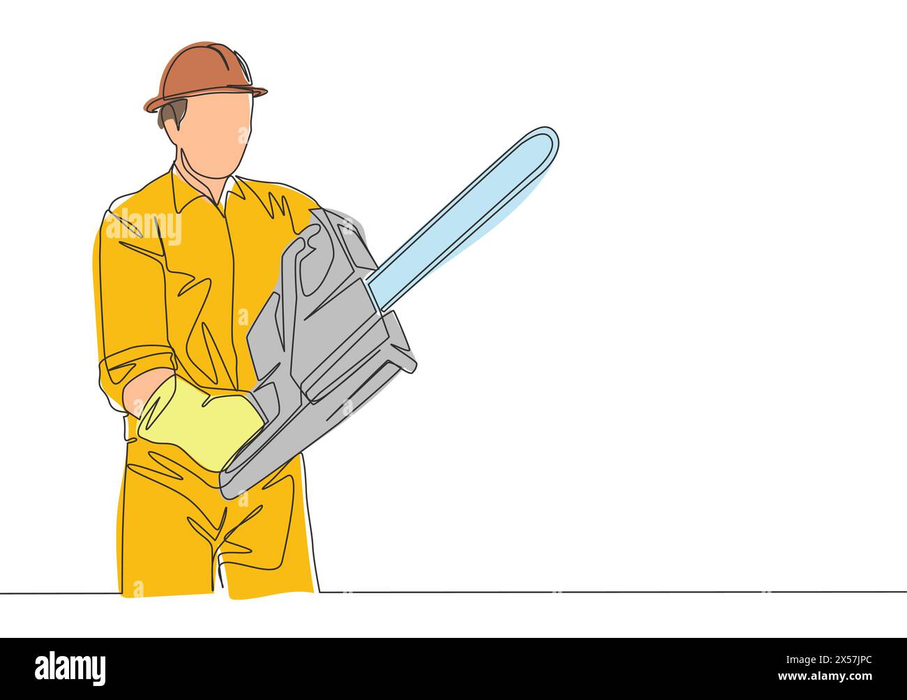 One continuous line drawing of young attractive woodworker holding big ...