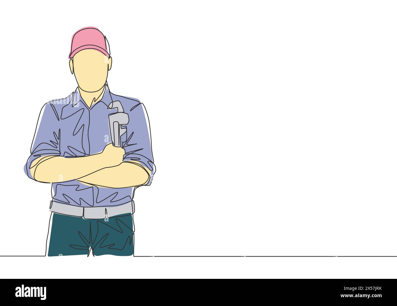 One single line drawing of young handsome plumber wearing uniform and ...