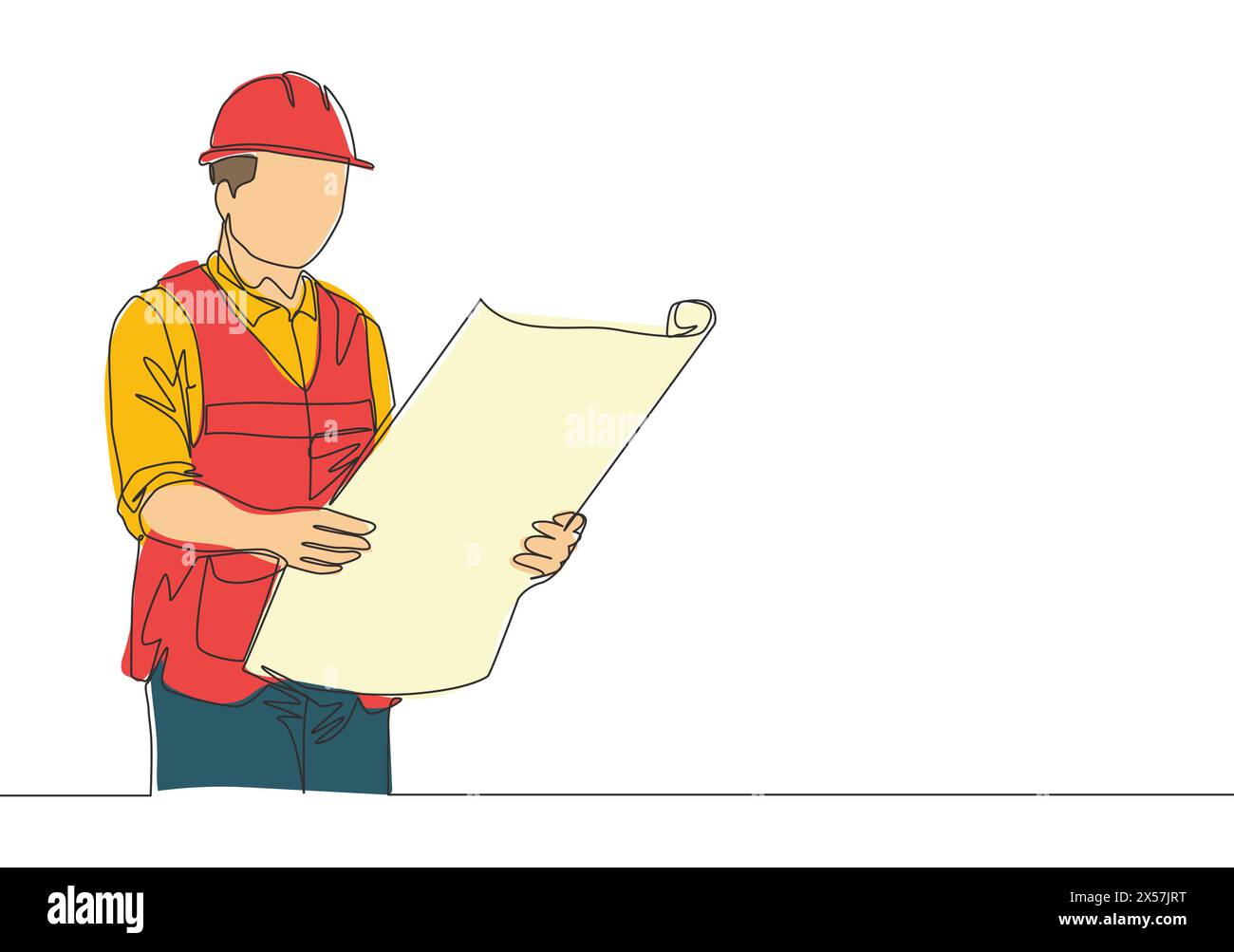 Single continuous line drawing of young attractive architect checking ...