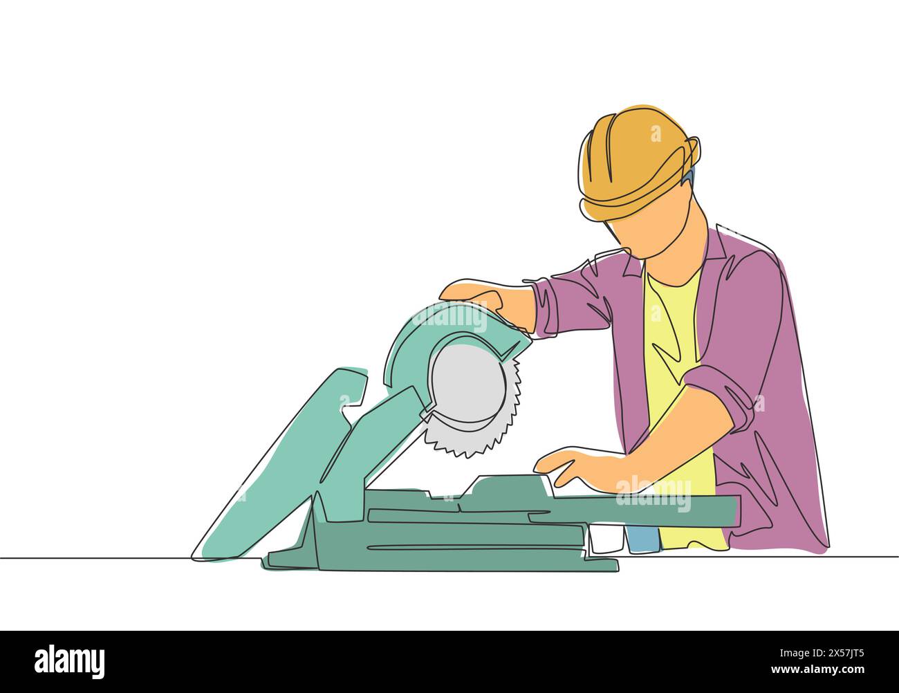 Single continuous line drawing of young attractive woodworker cutting ...