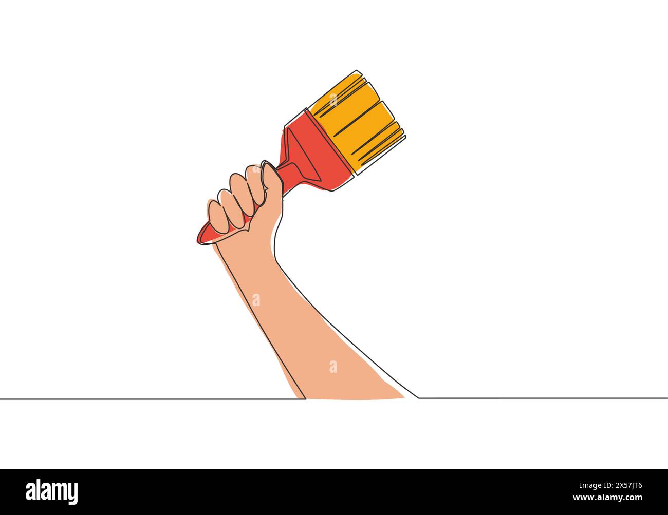 Single continuous line drawing of man holding paint brush. Handyman ...