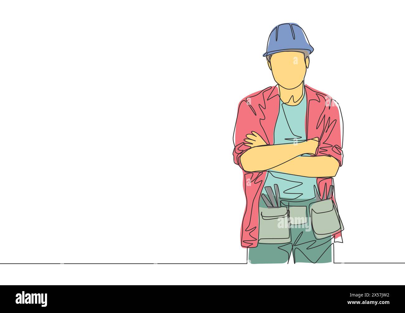 One continuous line drawing of young attractive handyman pose crossing ...