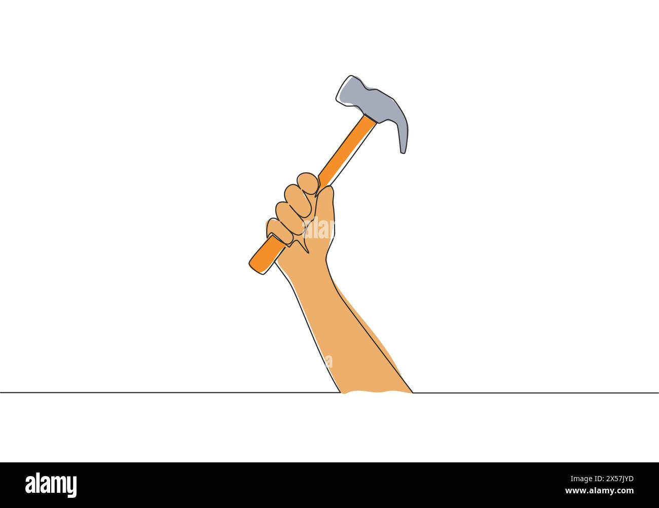 Single continuous line drawing of man holding hammer steel. Handyman ...