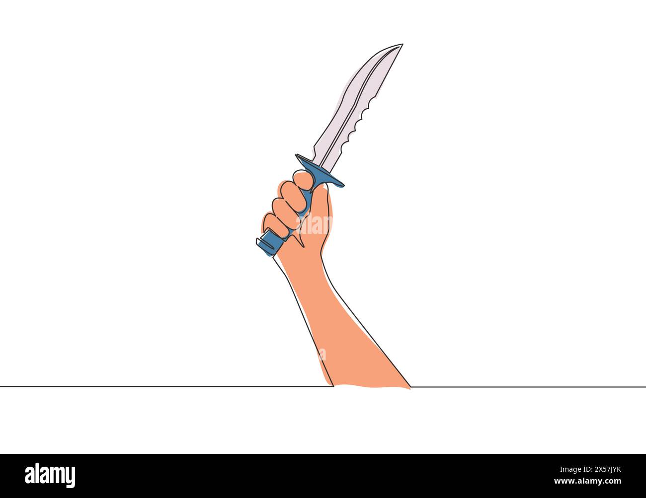 Single continuous line drawing of man holding military knife blade. One ...