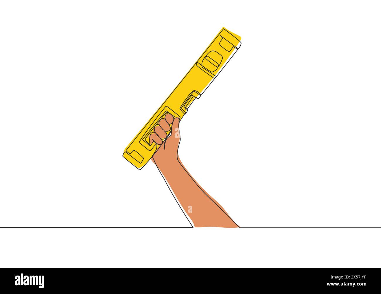 One continuous line drawing of man holding bubble spirit or level ...