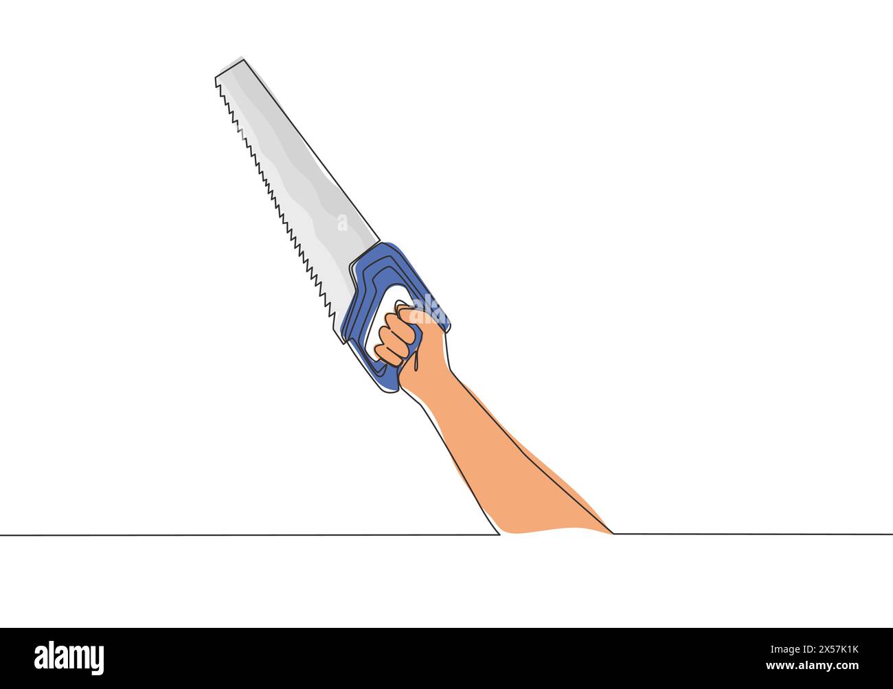 Single continuous line drawing of man holding manual hand saw. Handyman ...