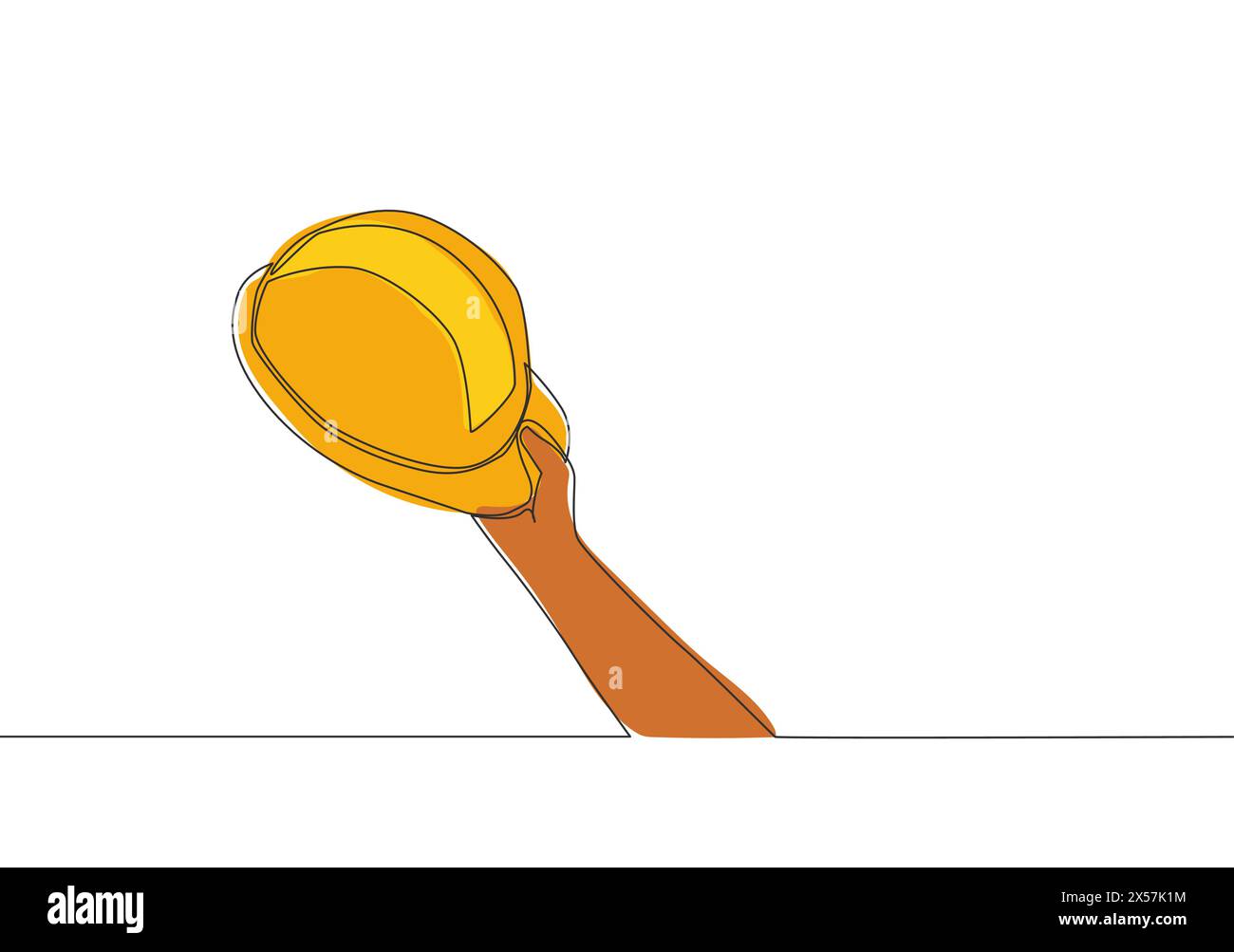 One single line drawing of man holding builder construction helmet ...