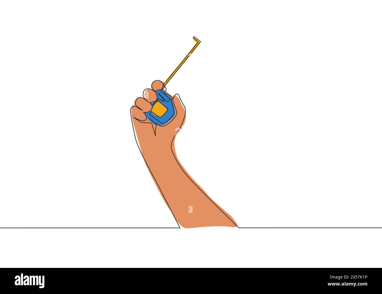 One single line drawing of man holding measuring tape. Handyman tools ...