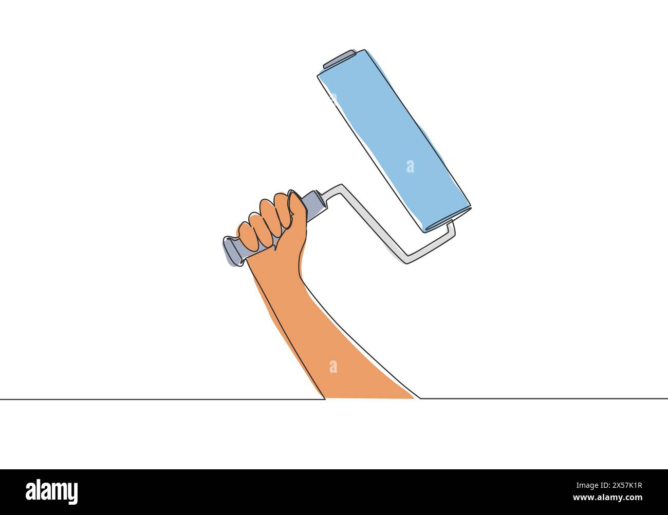 Single continuous line drawing of man holding roller painter. Handyman ...