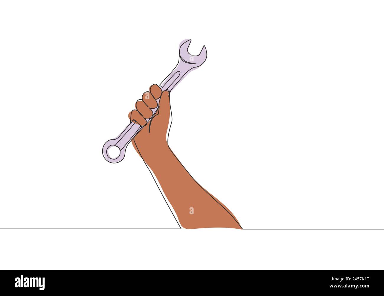 One single line drawing of man holding stainless steel wrench key ...