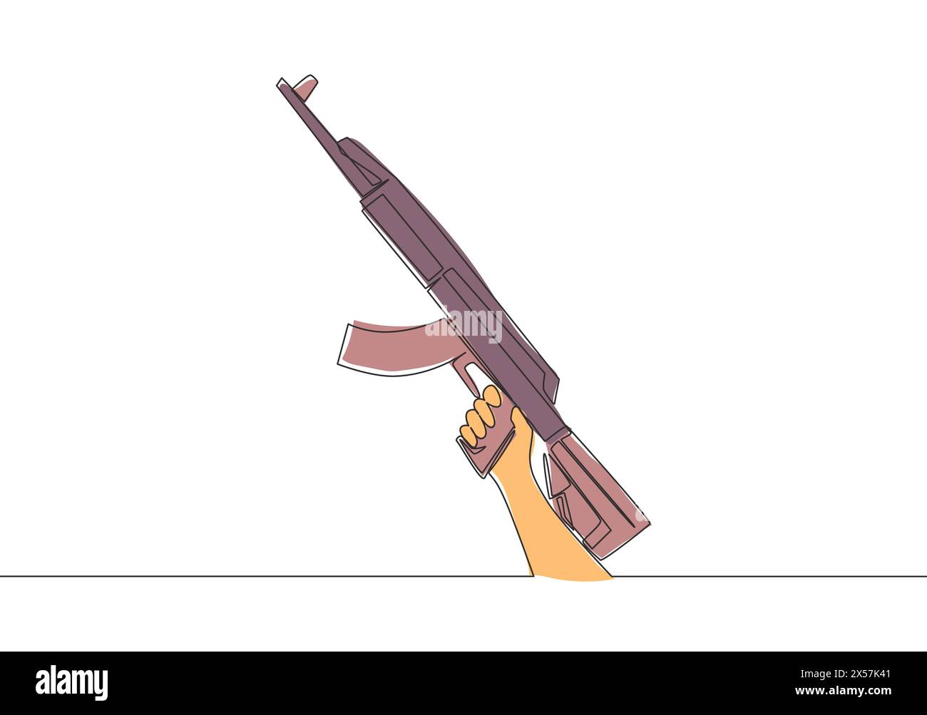One continuous line drawing of man holding assault rifle automatic gun ...