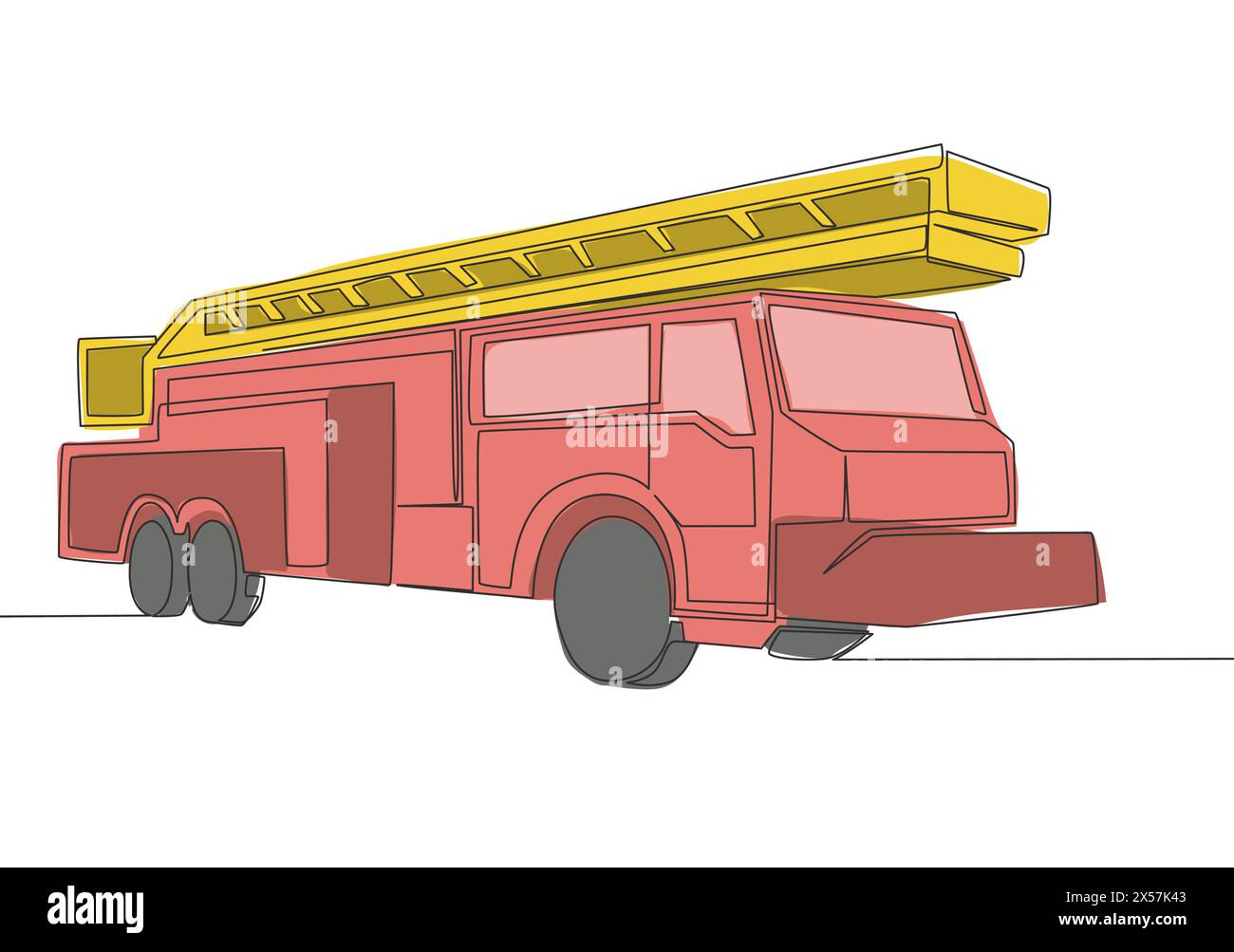 One line drawing of fire truck with hose and ladder. Public safety ...