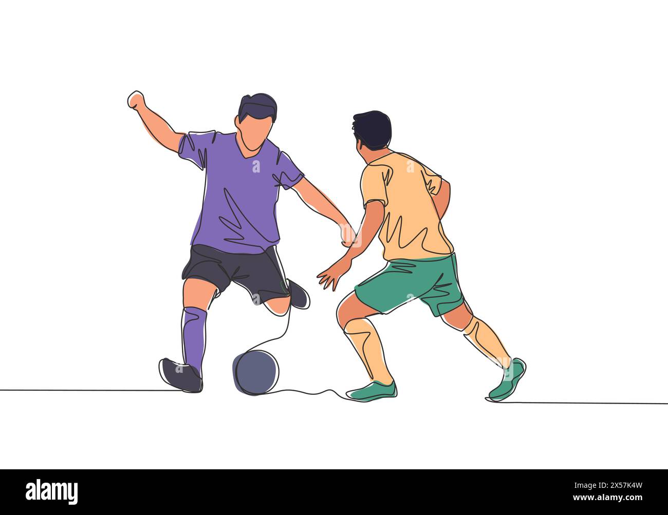 One continuous line drawing of young energetic football striker ...