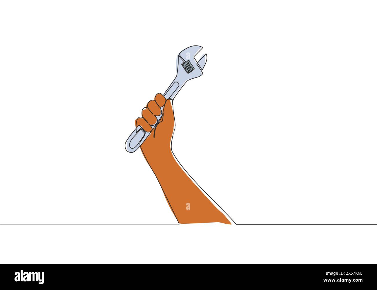 One continuous line drawing of man holding stainless steel wrench key ...