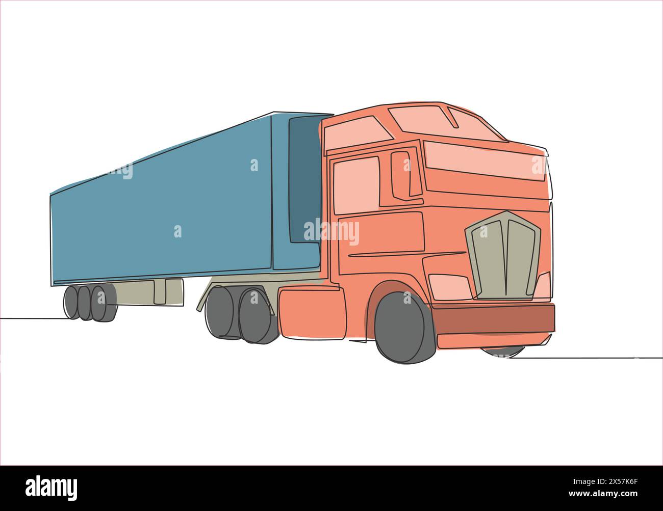 One line drawing of modern big trailer truck with container. Courier ...