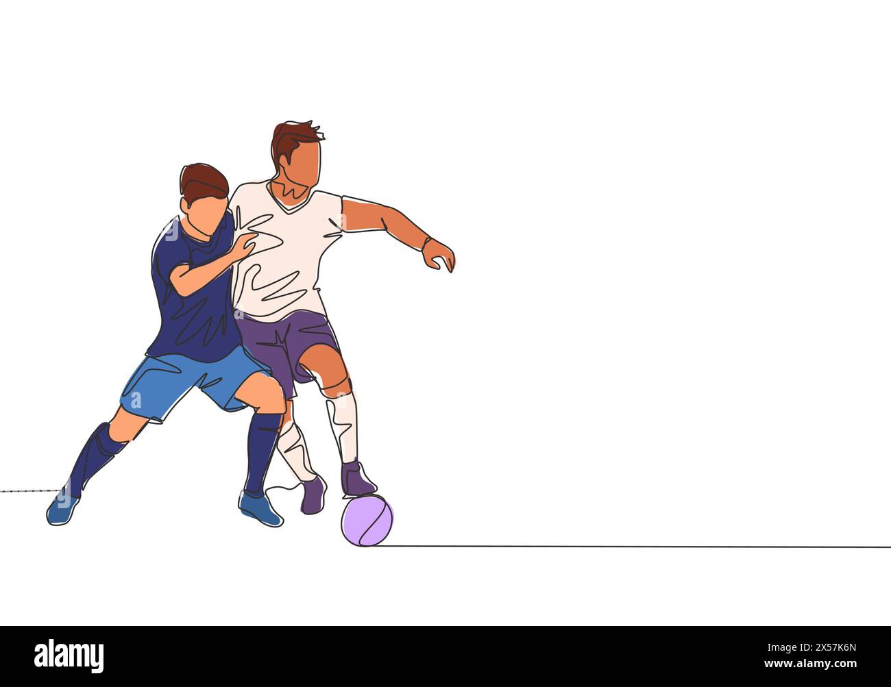 One continuous line drawing of two young energetic football player ...
