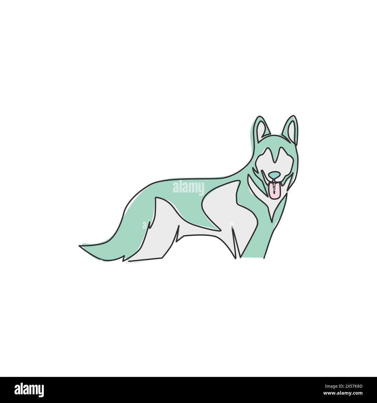 Single continuous line drawing of simple cute siberian husky puppy dog ...