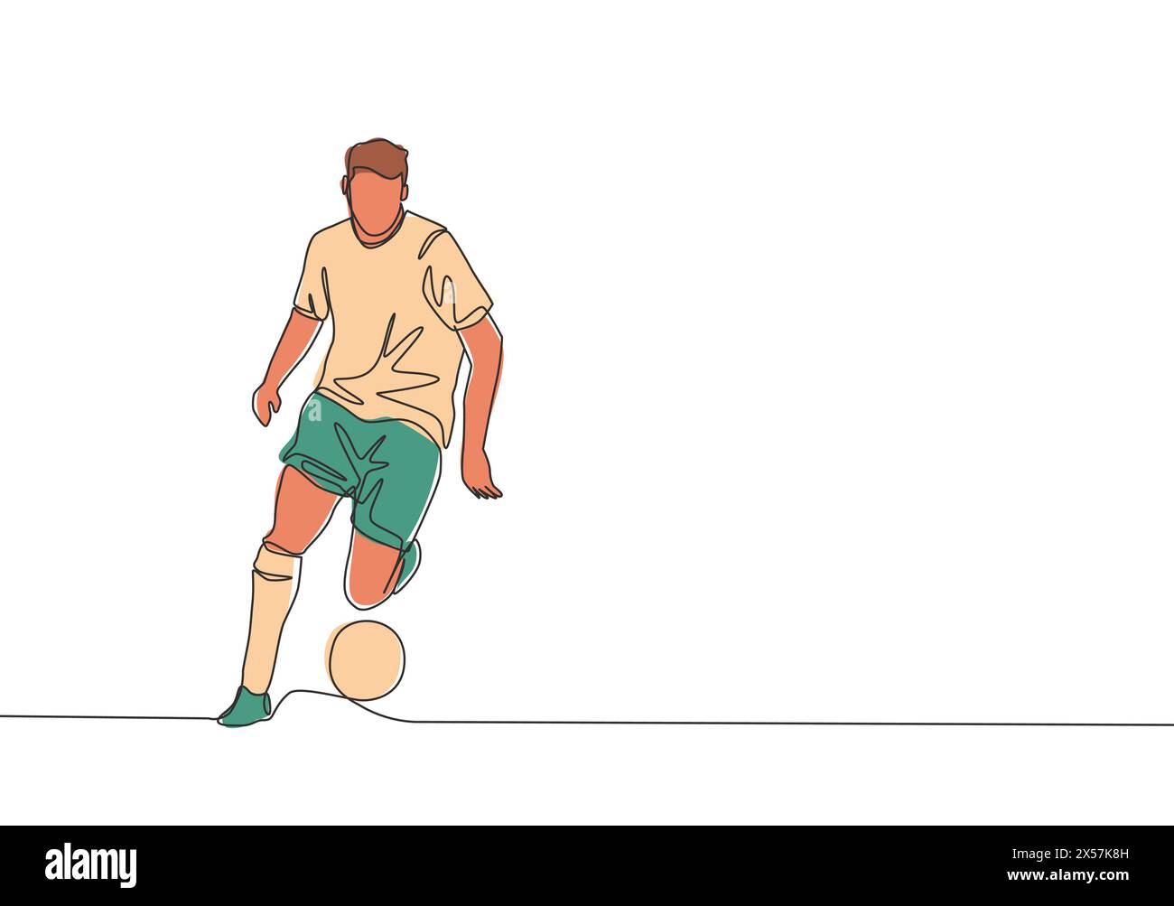 One single line drawing of young football playmaker dribbling a ball so ...
