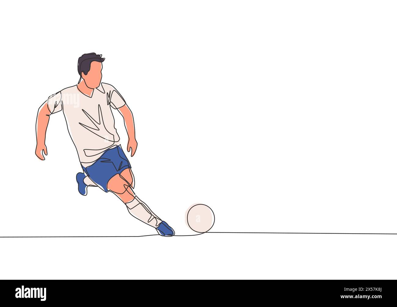 One single line drawing of young energetic football player dribbling ...