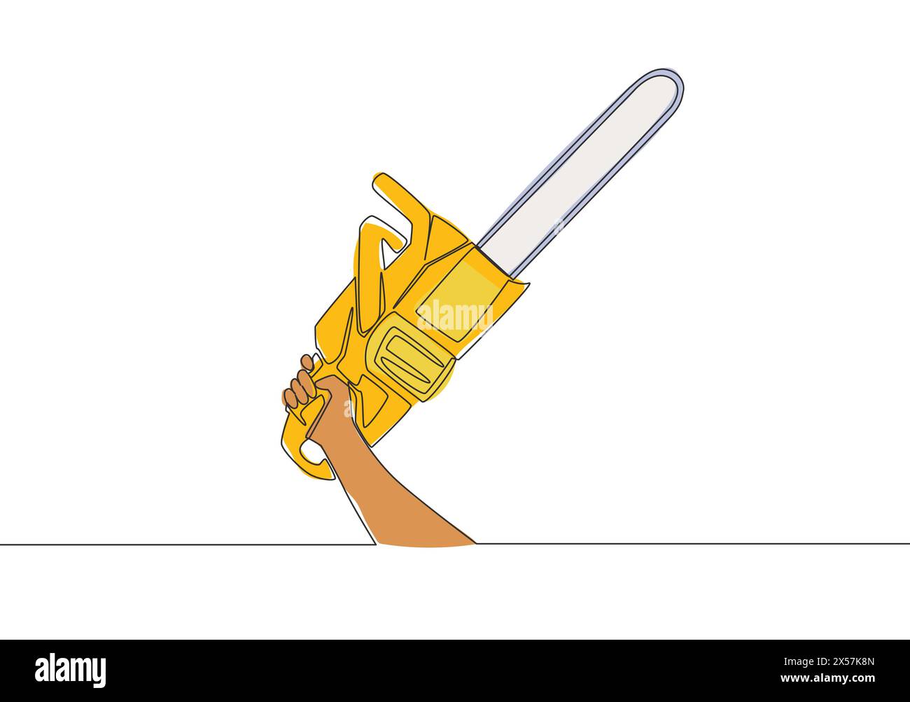 One continuous line drawing of man holding chainsaw. Woodworker tools ...