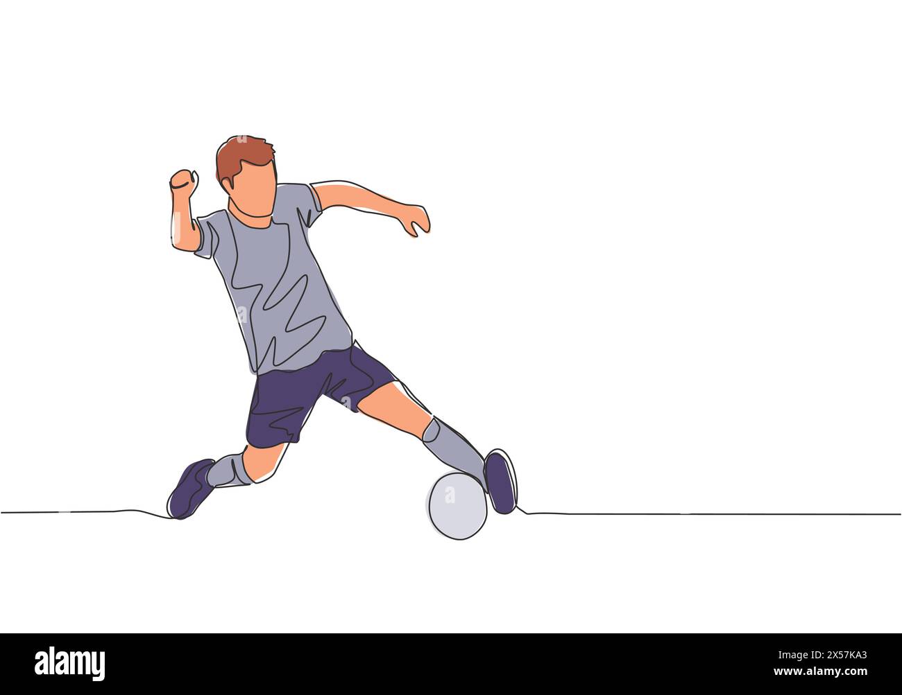 One single line drawing of young football player with short sleeve ...
