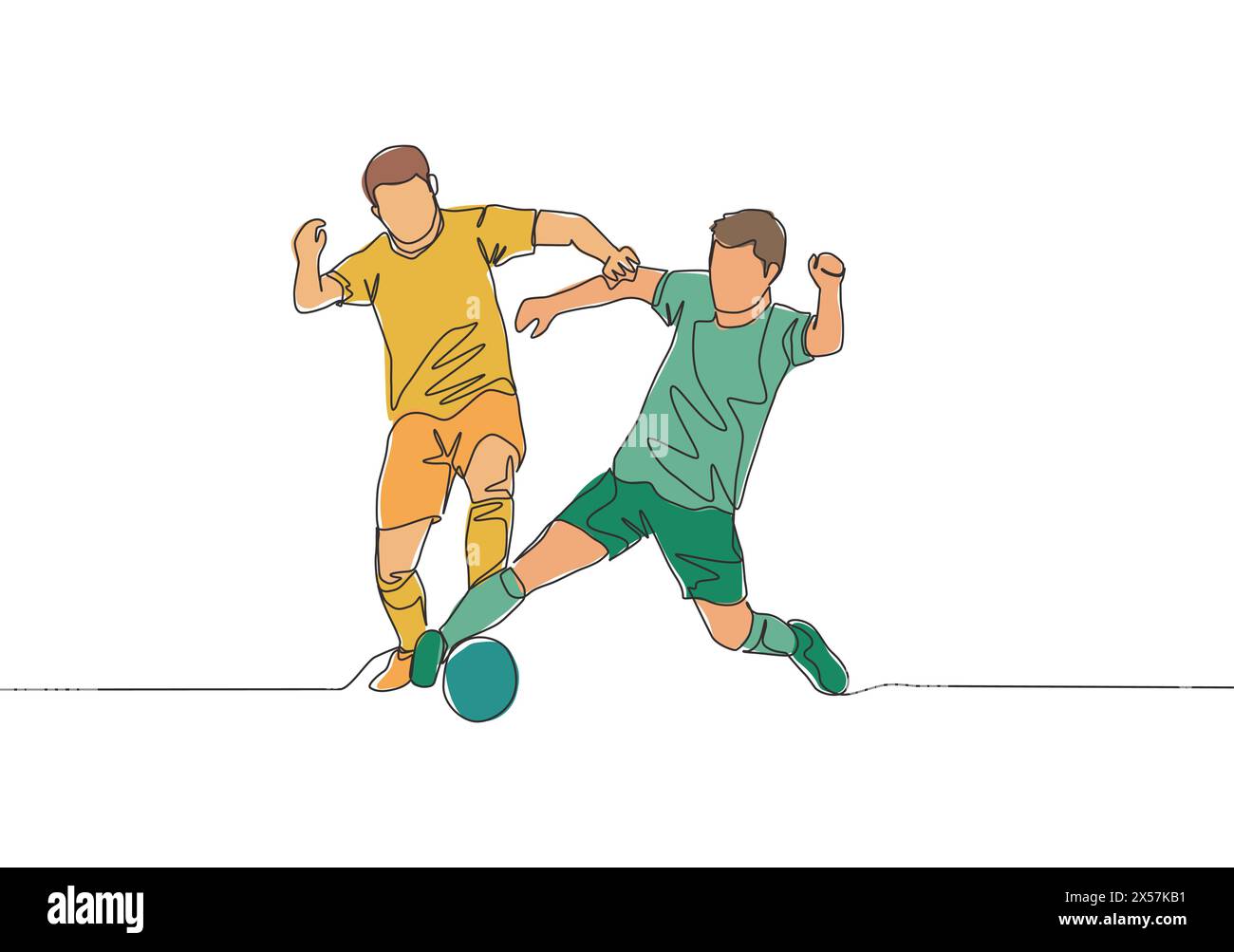 Single continuous line drawing of two football players fighting for the ...