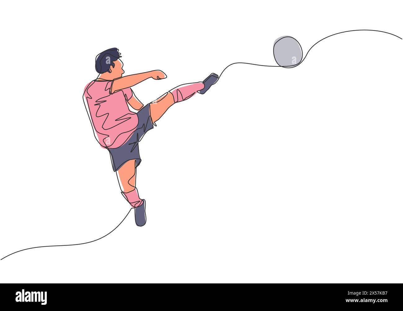 One single line drawing of young happy football player practice kicking ...