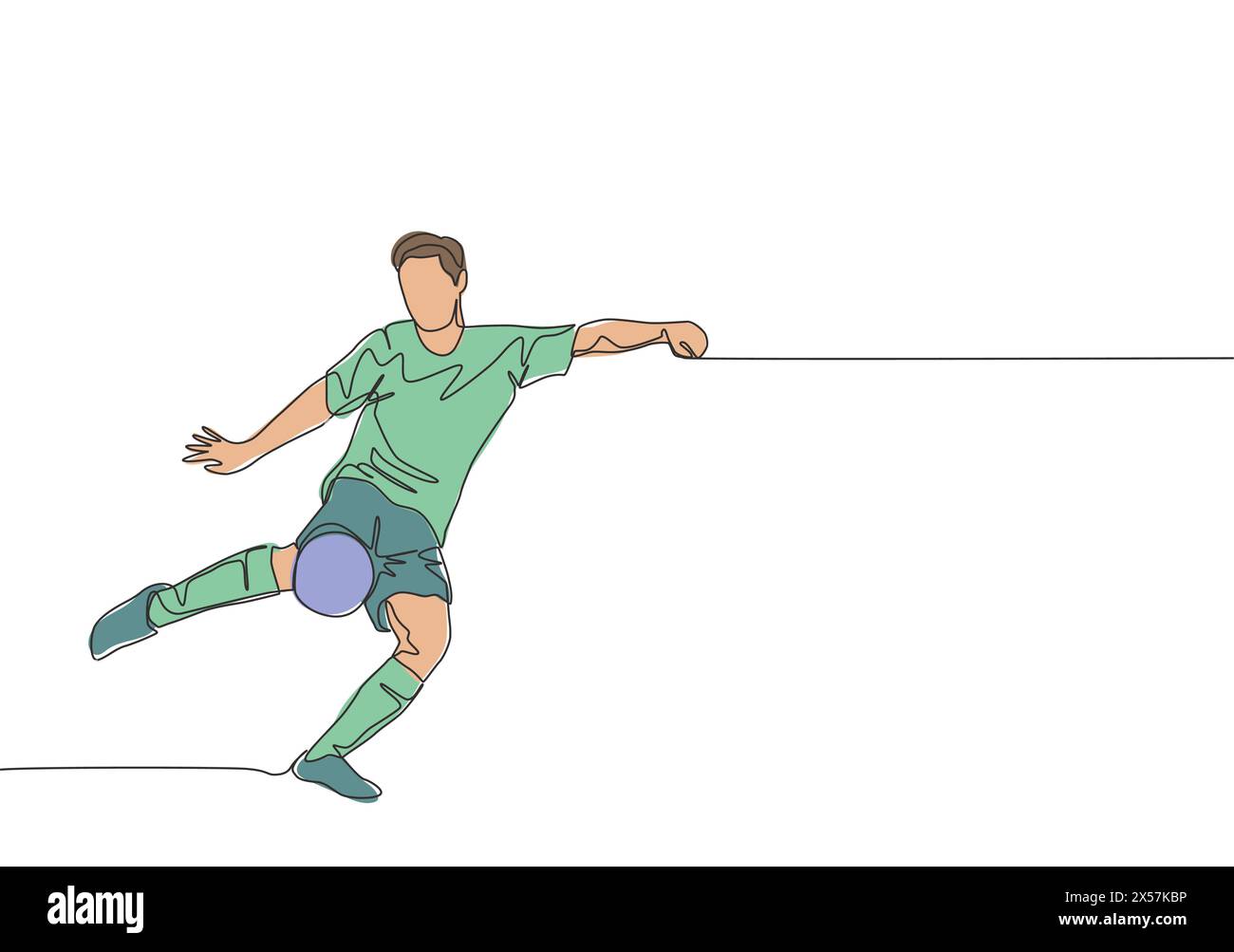 Single continuous line drawing of young energetic football striker ...