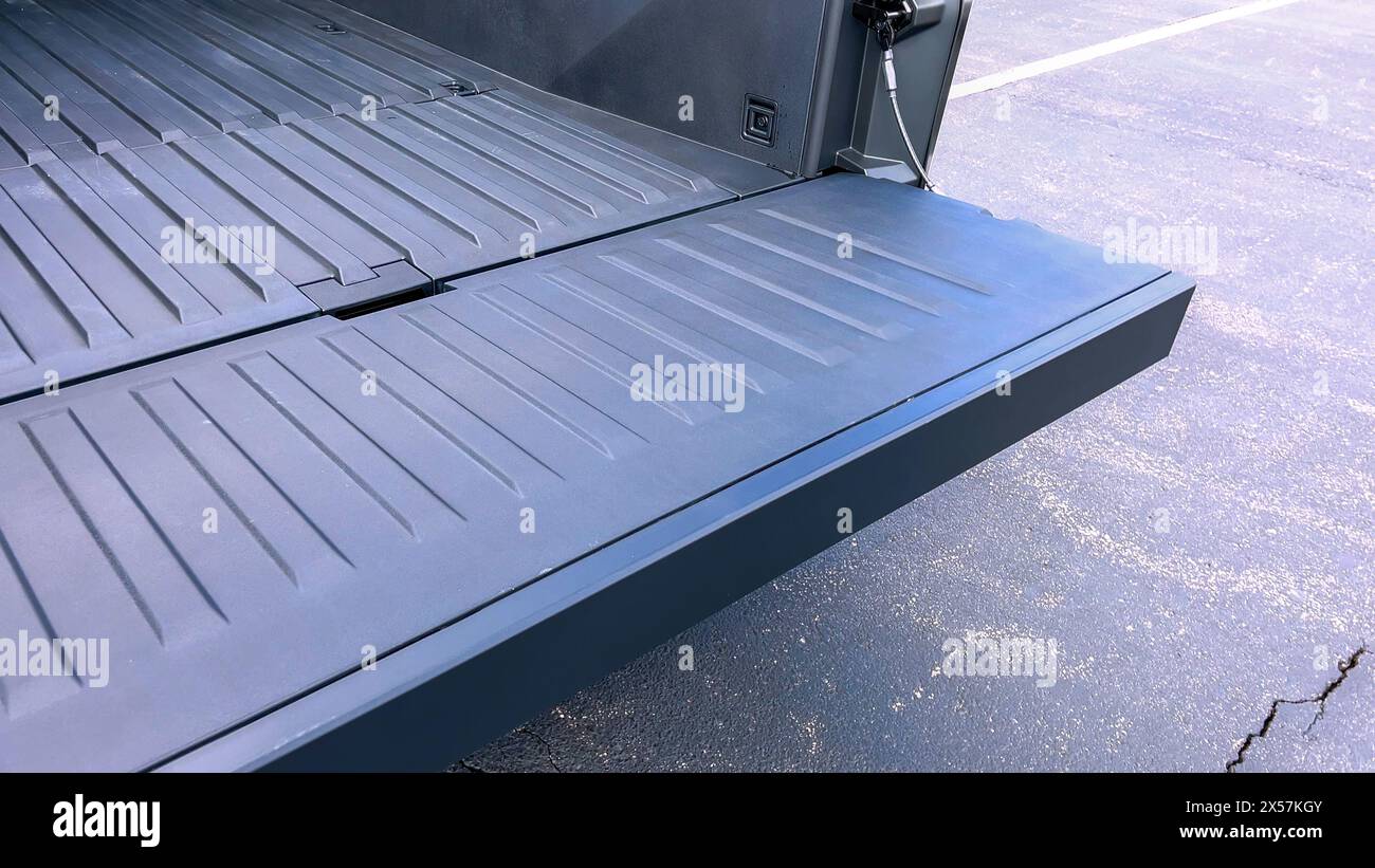 Open Cargo Bed of the Tesla Cybertruck in a Suburban Parking Lot Stock ...