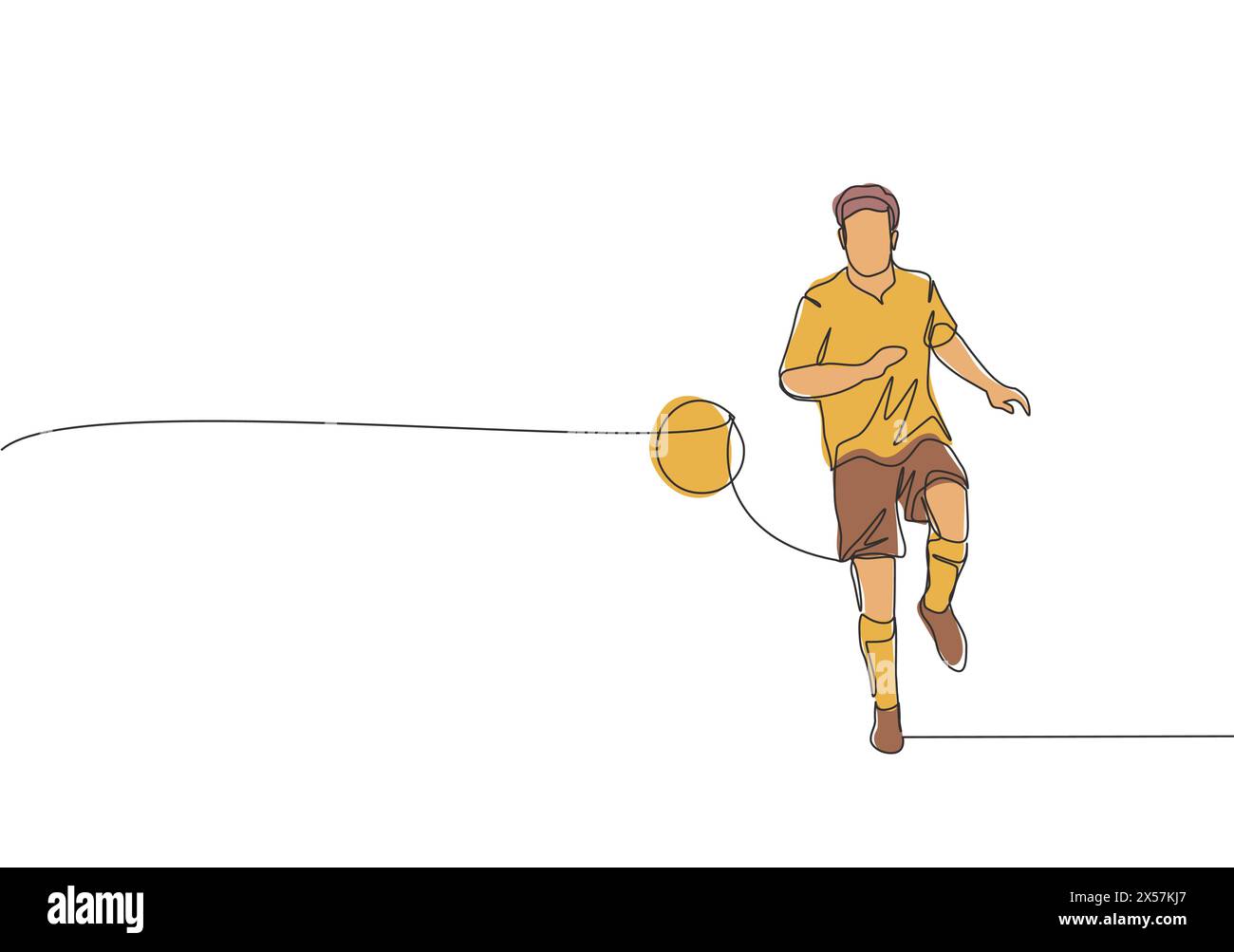 One single line drawing of young happy football player with short ...