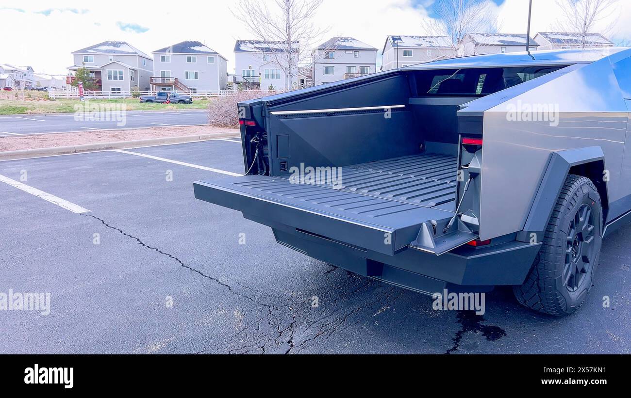 Open Cargo Bed of the Tesla Cybertruck in a Suburban Parking Lot Stock ...