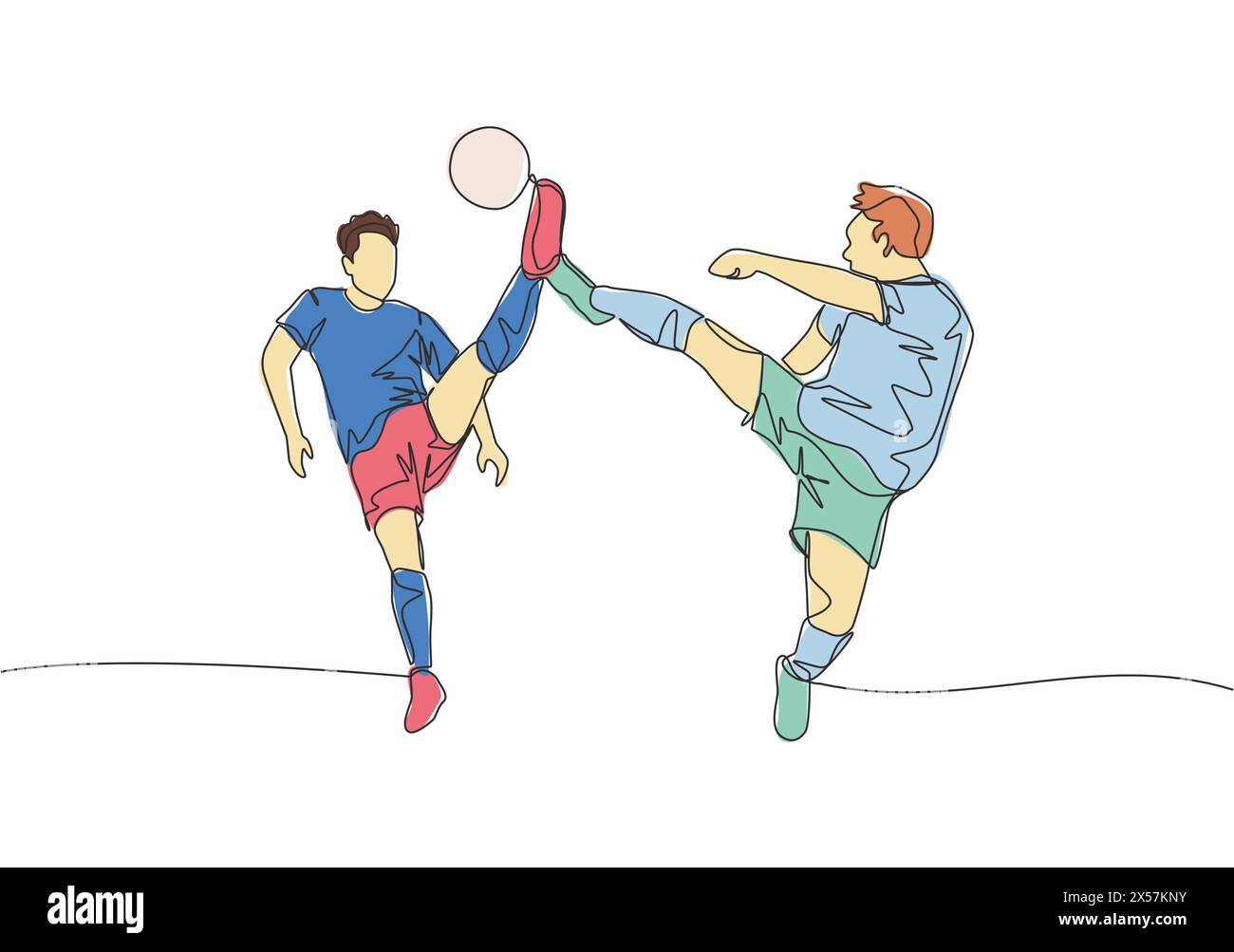 Single continuous line drawing of two young energetic opposite football ...