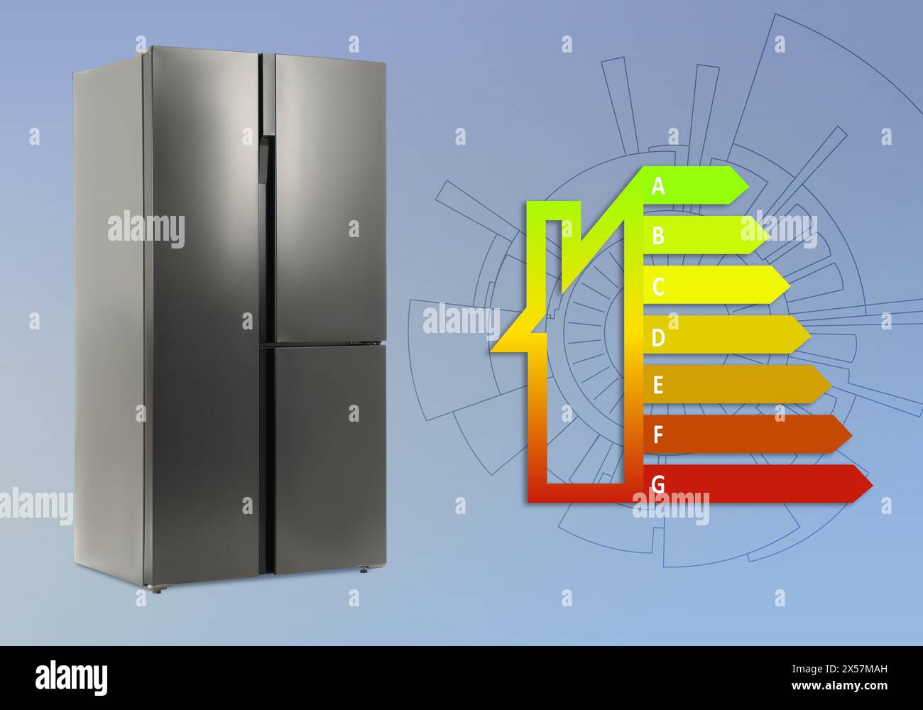 Energy efficiency rating label and refrigerator on light blue ...