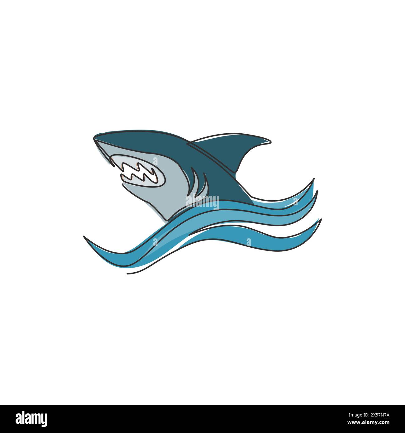 Single continuous line drawing of aggressive shark for nature adventure ...