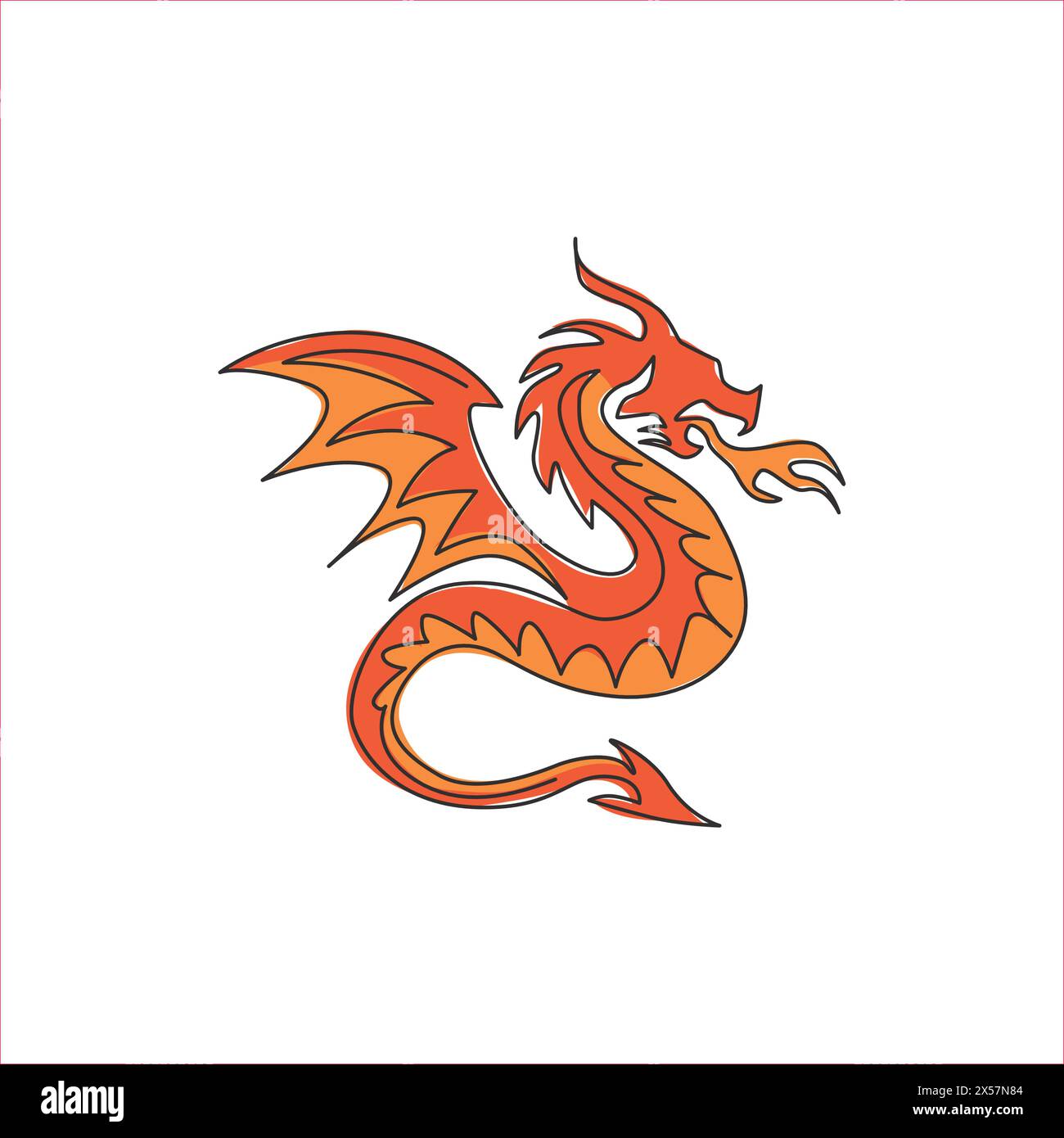 Single continuous line drawing of fictional monsters dragon for chinese ...