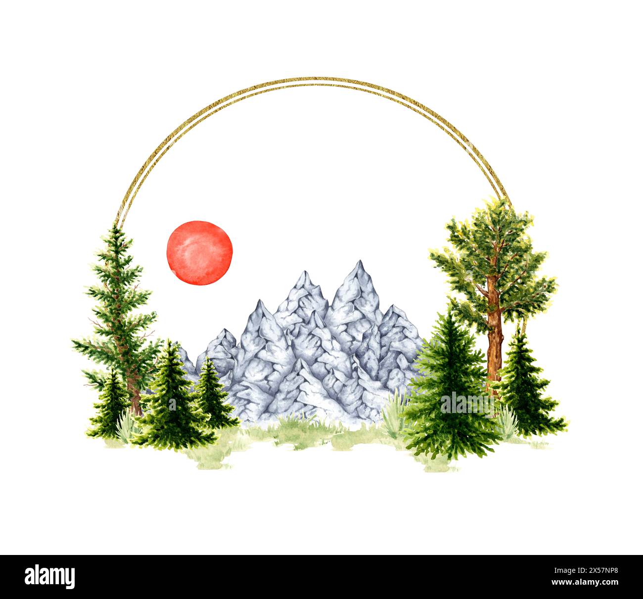 Natural landscape round frame watercolor illustration. Forest wildlife ...