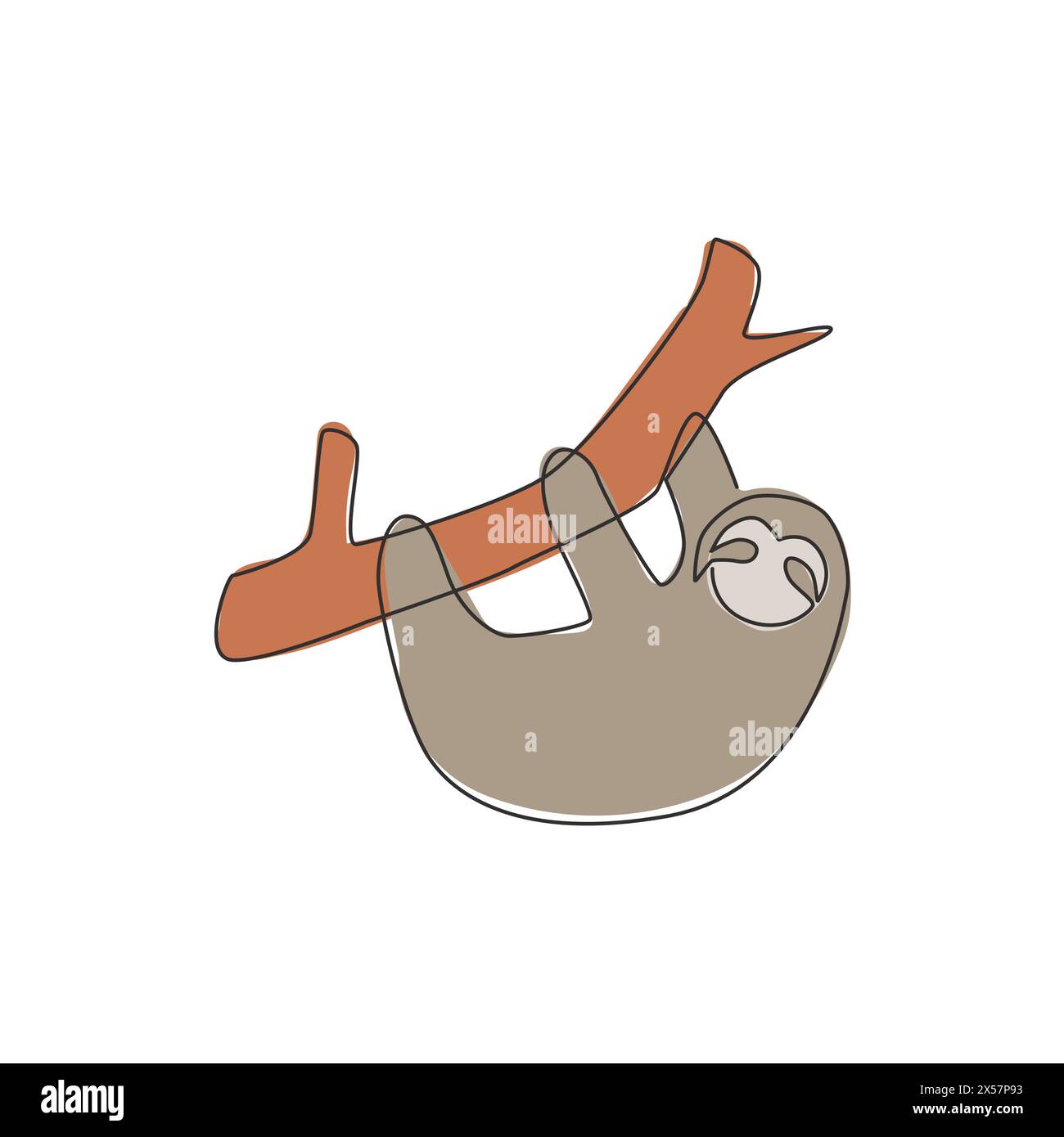 Single continuous line drawing of slow cute sloth hanging at limb tree ...