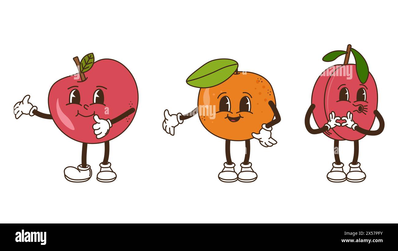 Fruits and berries in groovy style set. Apple tangerine and plum ...