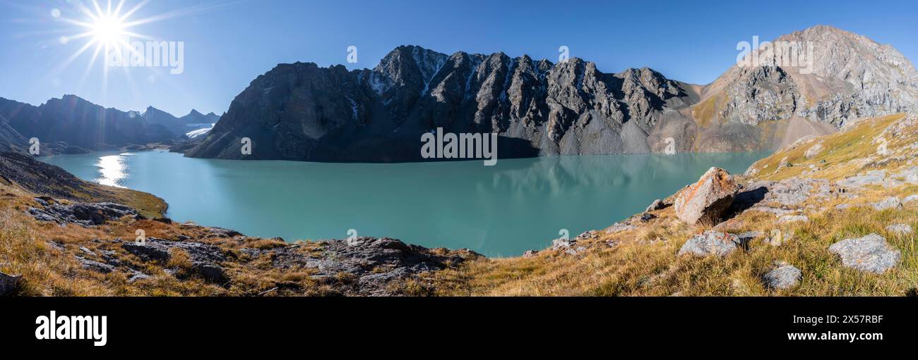 Panorama, Mountain landscape at the turquoise Ala Kul mountain lake in ...
