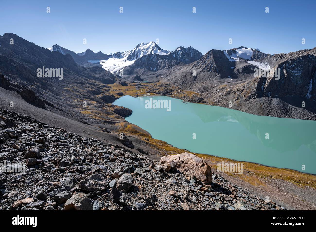 On the way to the Ala Kul Pass, view of mountains and glaciers and ...
