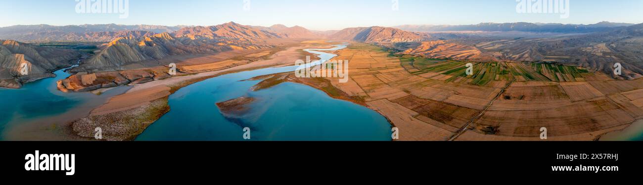 Panorama, Naryn river between mountains and fields, at Toktogul ...