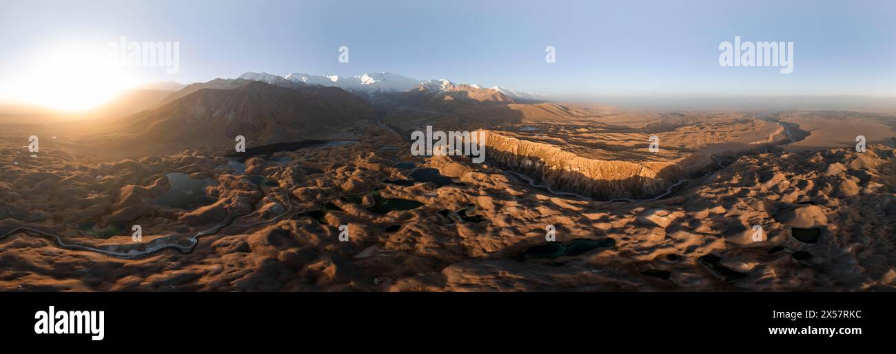 Panorama, White glaciated and snow-covered mountain peak Pik Lenin at ...