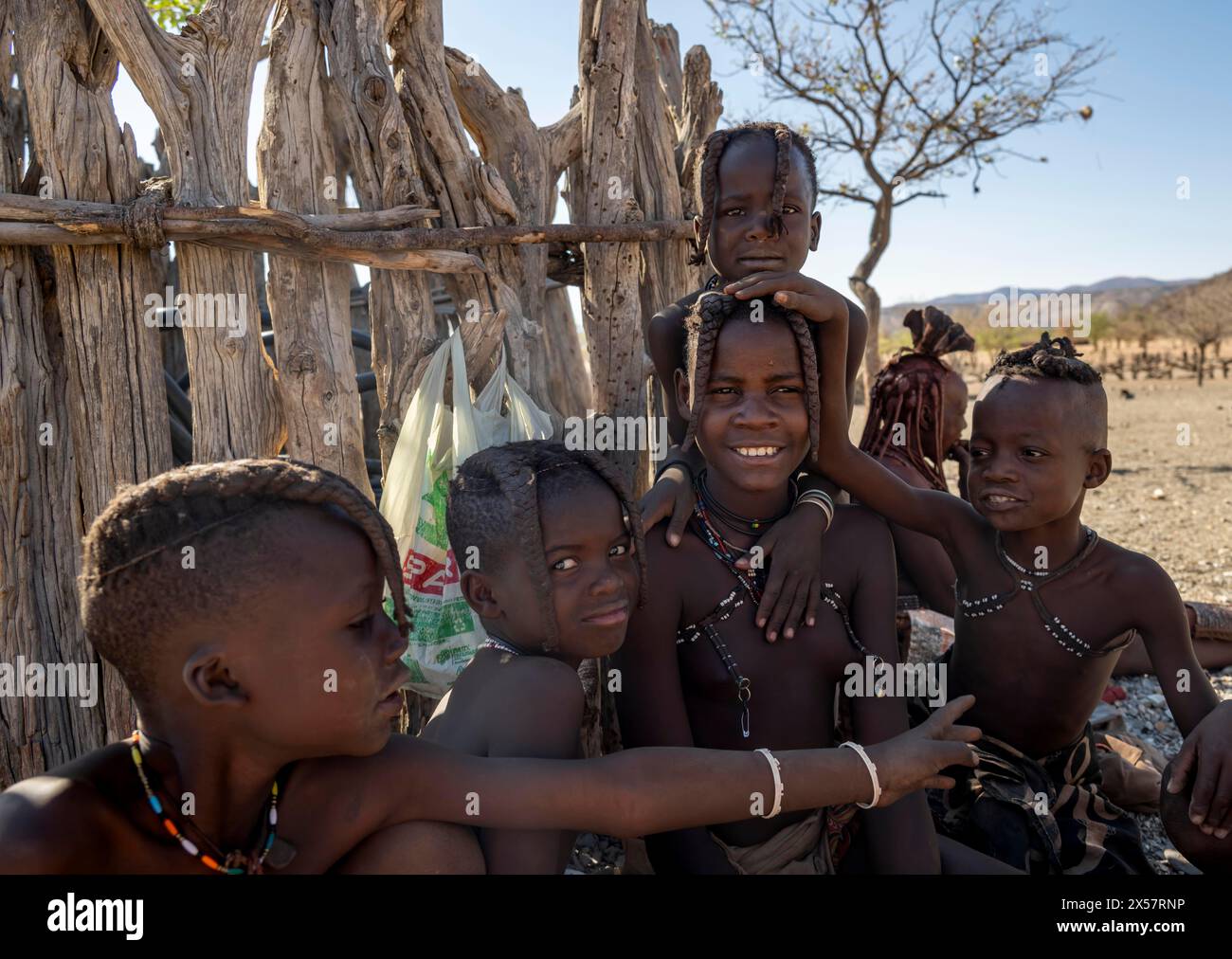 Group of Himba children sitting in the shade and playing, near Opuwo ...