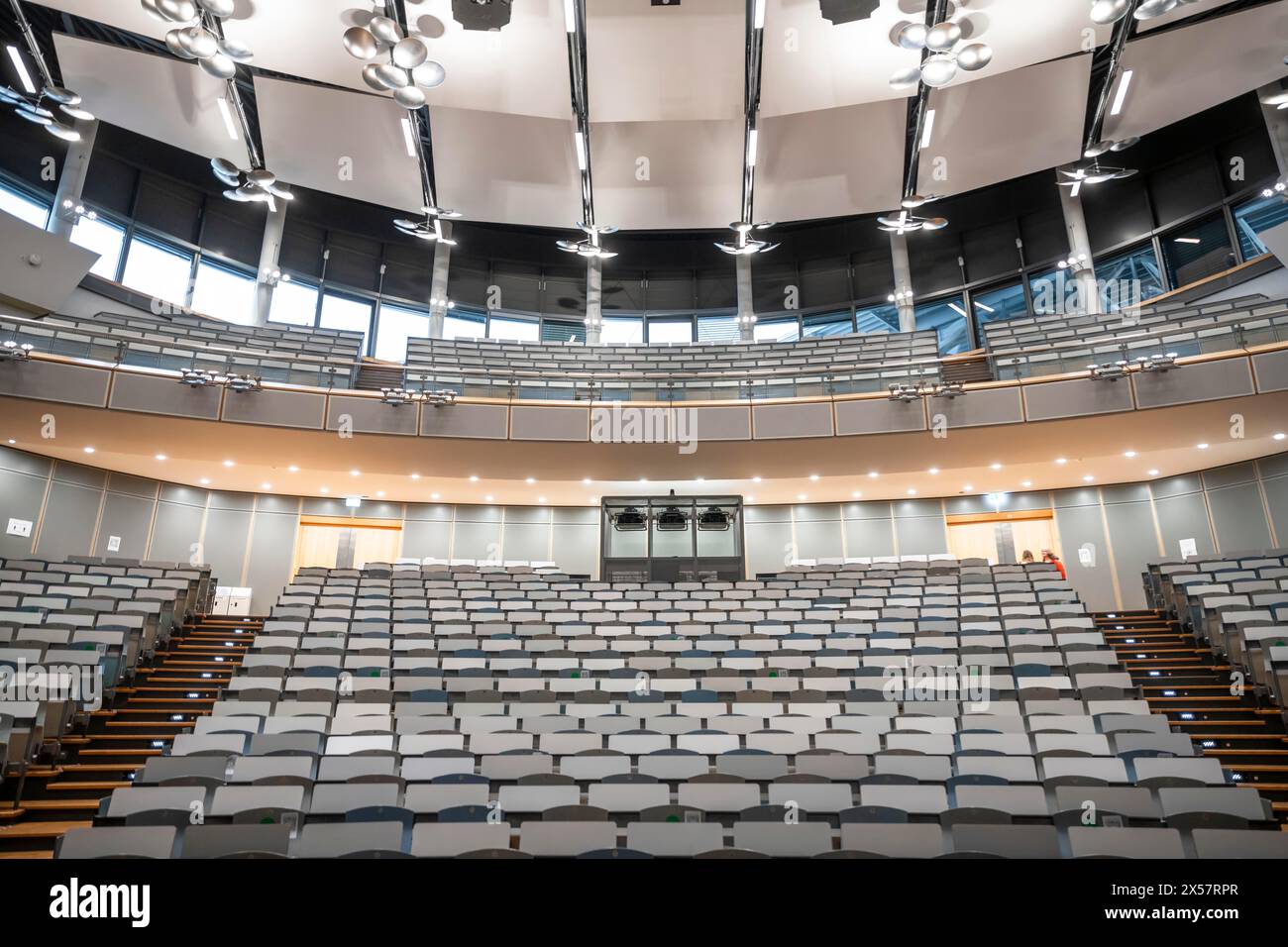 View from the lectern onto rows of seats in an empty lecture theatre ...