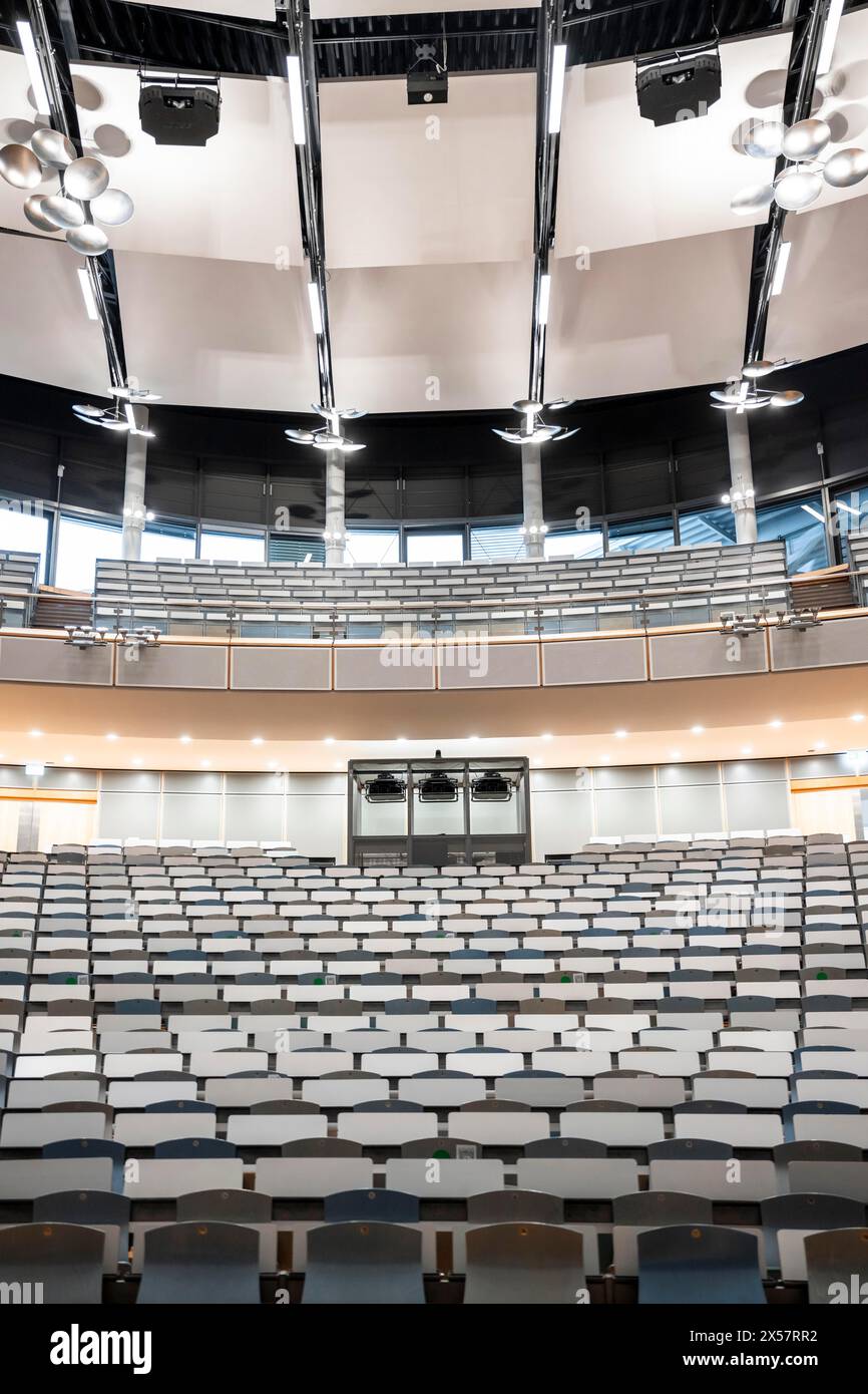 View from the lectern onto rows of seats in an empty lecture theatre ...